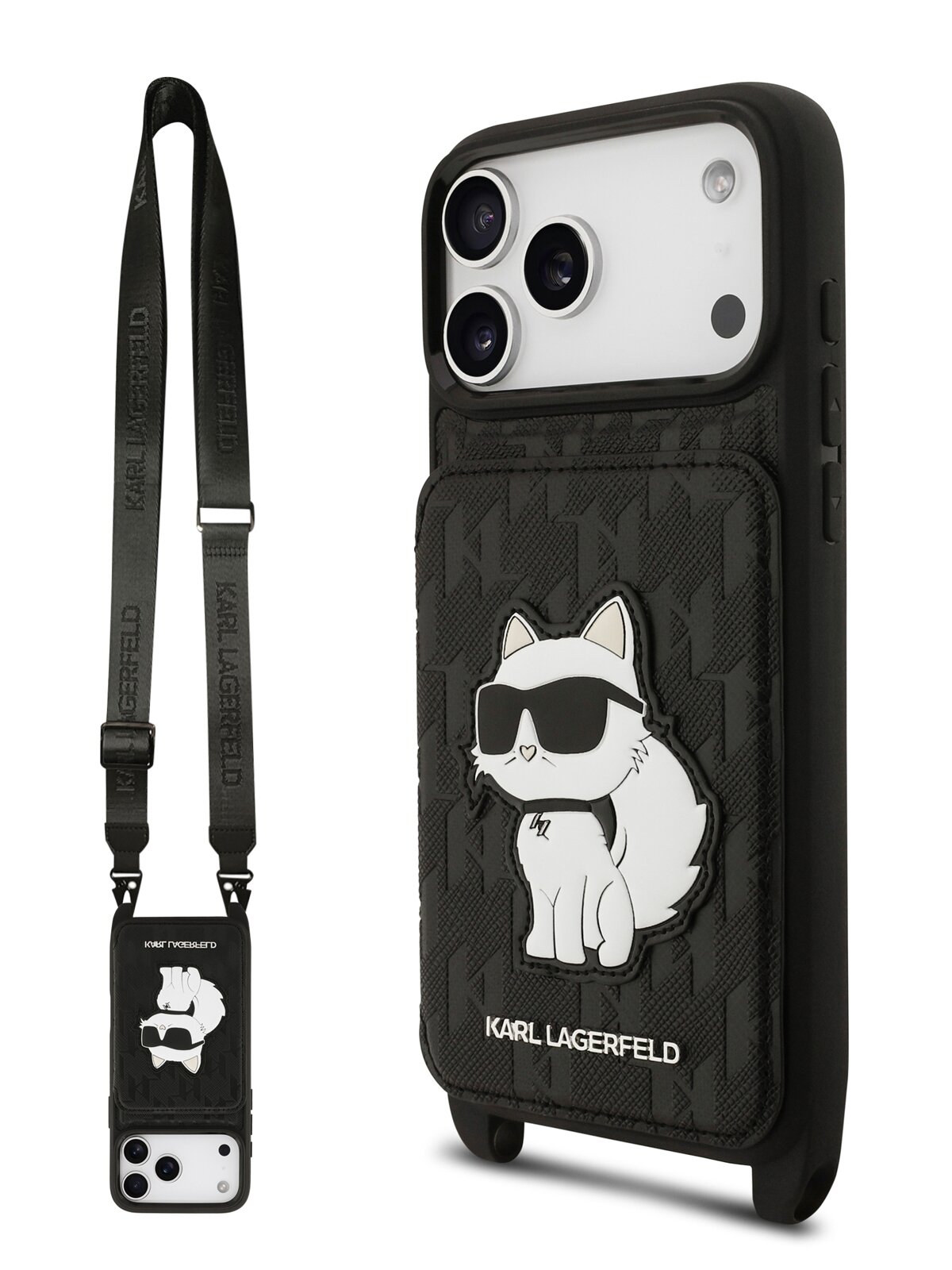 Karl Lagerfeld чехол с ремешком и картхолдером для iPhone 17 Pro, PU кожа Saffiano NFT Choupette, черный
