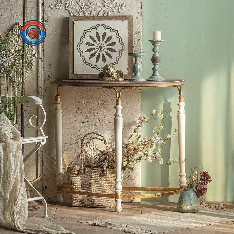 Полукруглый кованый консольный столик из массива сосны, винтажный стол в стиле прованс и кантри для прихожей, коридора или балкона, декоративная полка для цветов и интерьера