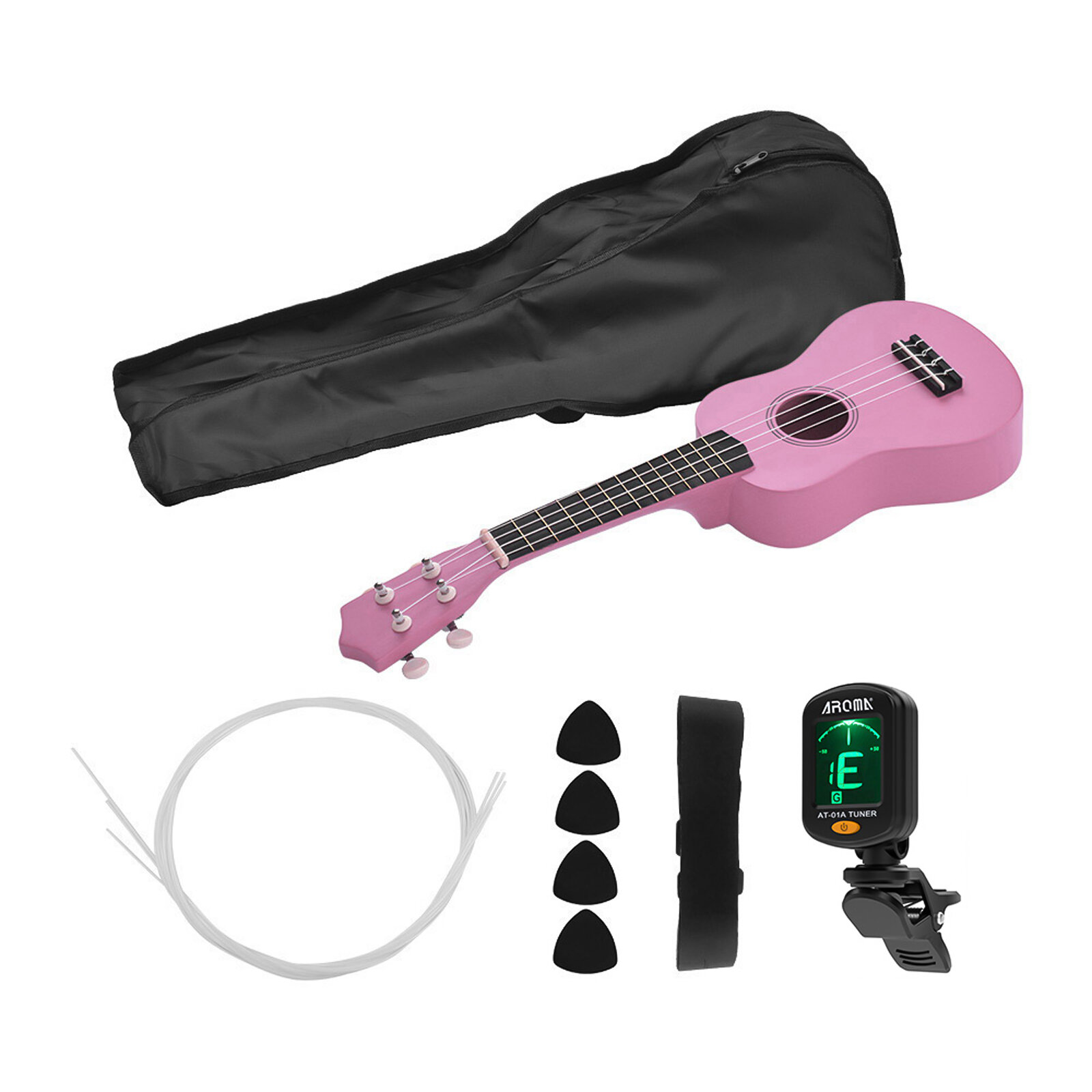 Укулеле акустический сопрано 21 дюйм, бассвуд, с цветной отделкой, комплект с сумкой для переноски, ремешком, струнами, медиаторами и тюнером, цвет: синий/черный/розовый/кофейный/деревянный (по выбору)