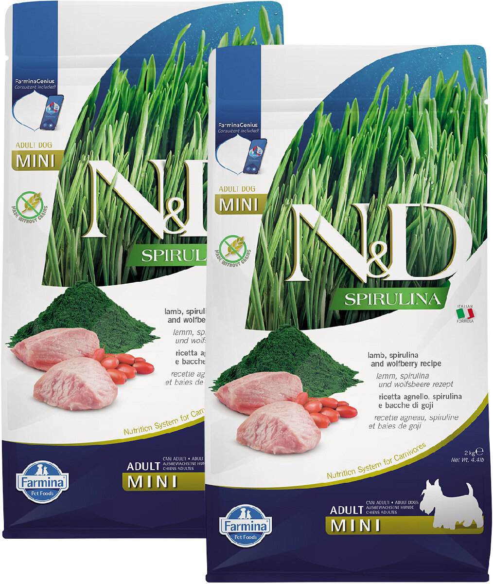 Корм сухой Farmina Dog N&D Grain Free Spirulina Adult Mini Lamb & Wolfberry беззерновой для взрослых собак маленьких пород, ягненок, ягоды годжи и спирулина, 2 + 2 кг