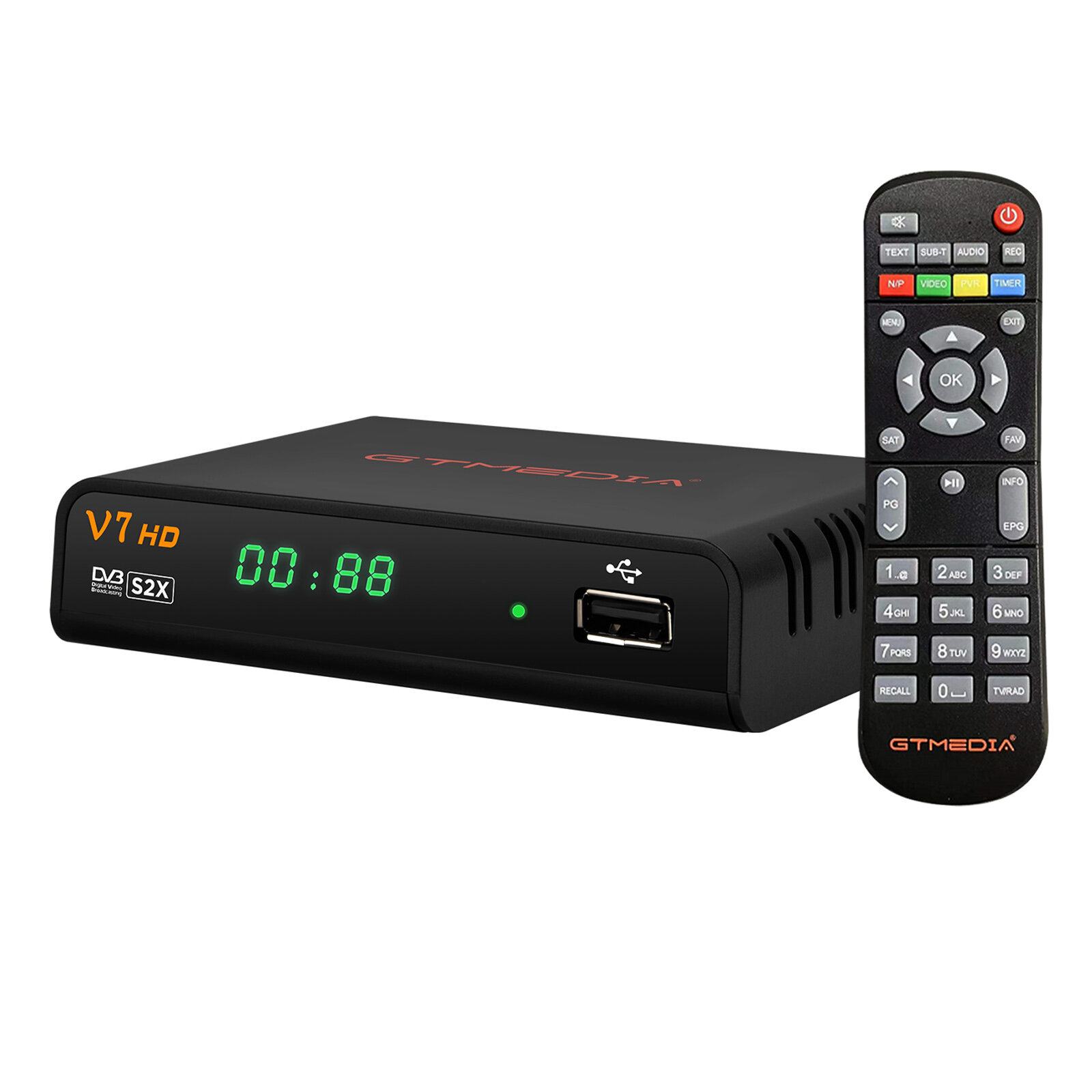 GTMEDIA V7 HD DVB-S/S2/S2X Приемник цифрового телевидения TV Signal HD 1080P с пультом управления, черный цвет, 64MB SPI Flash, 512M RAM, поддержка 5000+ каналов, разрешение 1080P/1080I/720P/576P/480P/576I/480I, размер 11.0*7.5*2.5cm, вес 102g