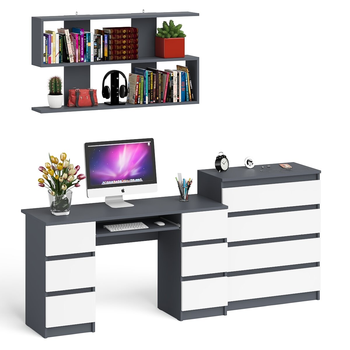 Стол письменный Мори МС-2 с комодом МК800 4 ящика и полкой 1200, графит/белый, 215,8х50х209,6 см.