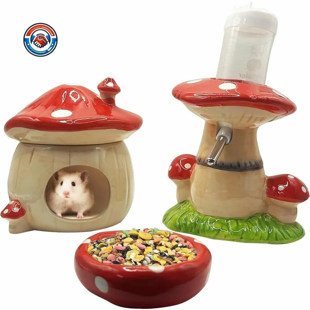Домик для хомяка керамический гриб, комплект аксессуаров с поилкой и миской, уютное укрытие и набор для комфортной среды обитания пушистого питомца