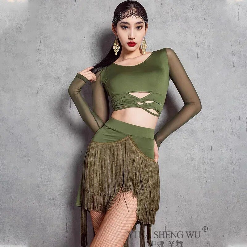 YI NA SHENG WU Черное платье для латиноамериканских танцев из полиэстера XXXL, ArmyGreen Top Skirt