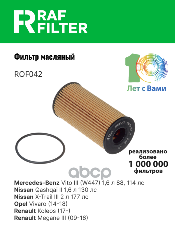 Фильтр масляный NISSAN Qashqai (06-), X-Trail (14-) (1.6 DCI) RAF FILTER RAF FILTER арт. ROF042