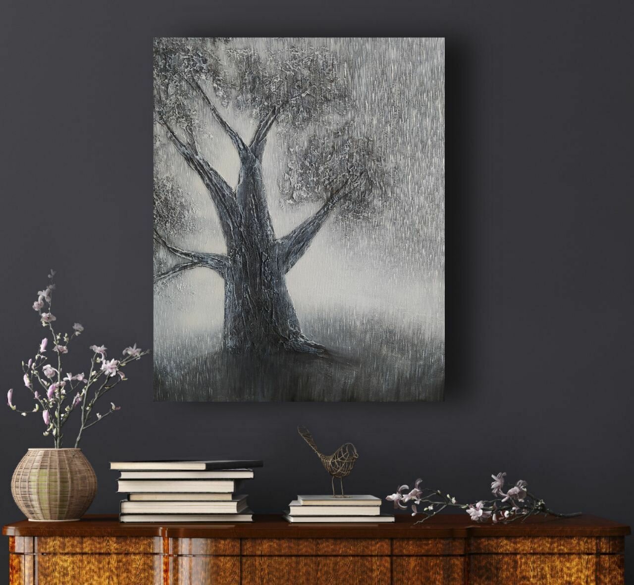 Фактурная картина в интерьер "Дуб под дождем" 40х50 см, авторская работа