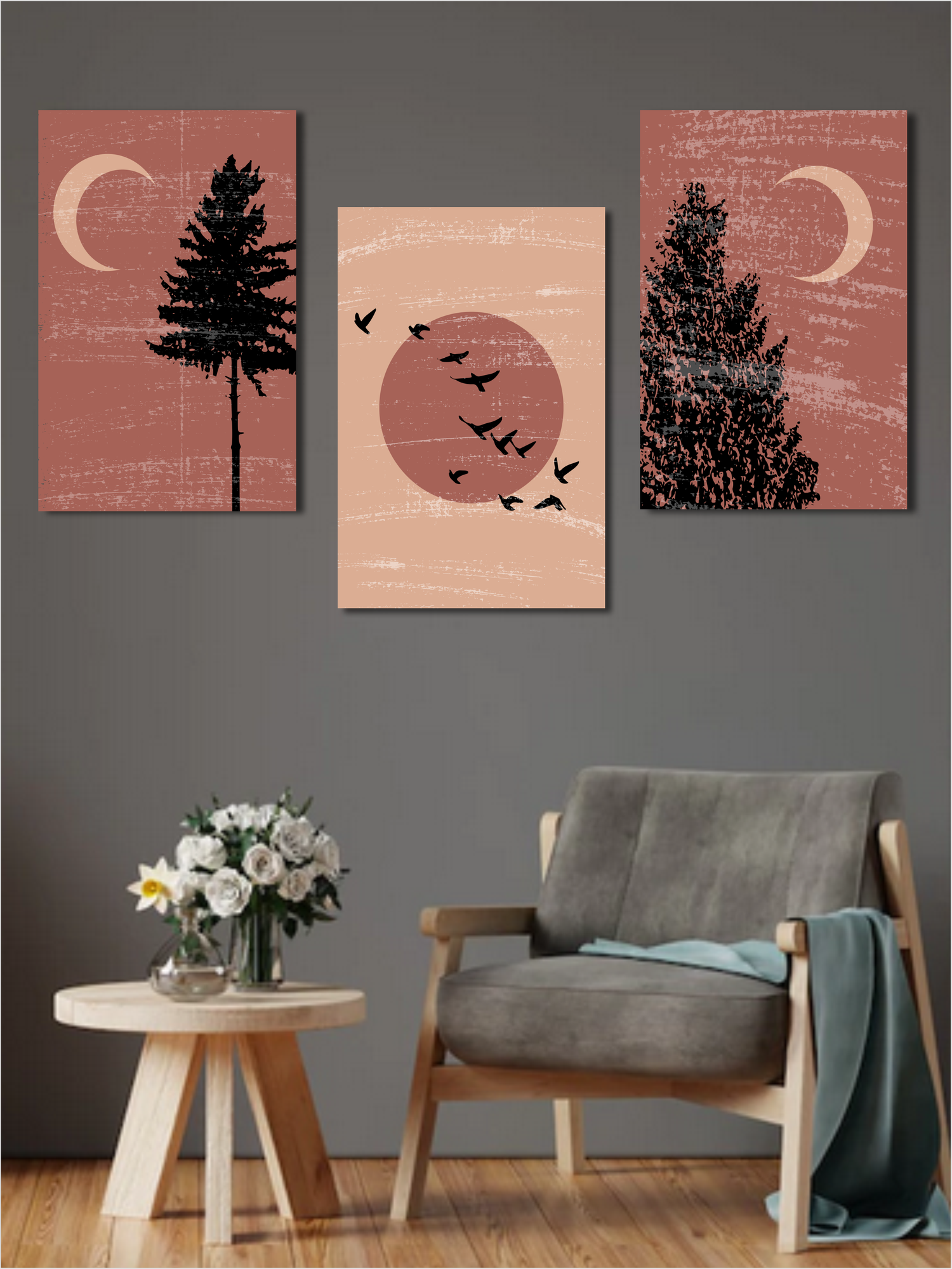 Модульная картина для интерьера на стену минимализм. Луна и Солнце 40х60 см - 3 штуки на холсте на подрамнике