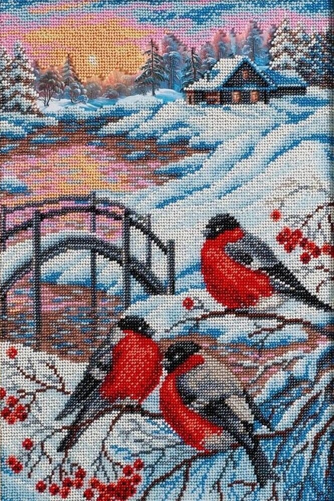 Набор для вышивания бисером Кроше (Радуга бисера) "Зимние краски" 26х38 см, Птицы Реки Природа