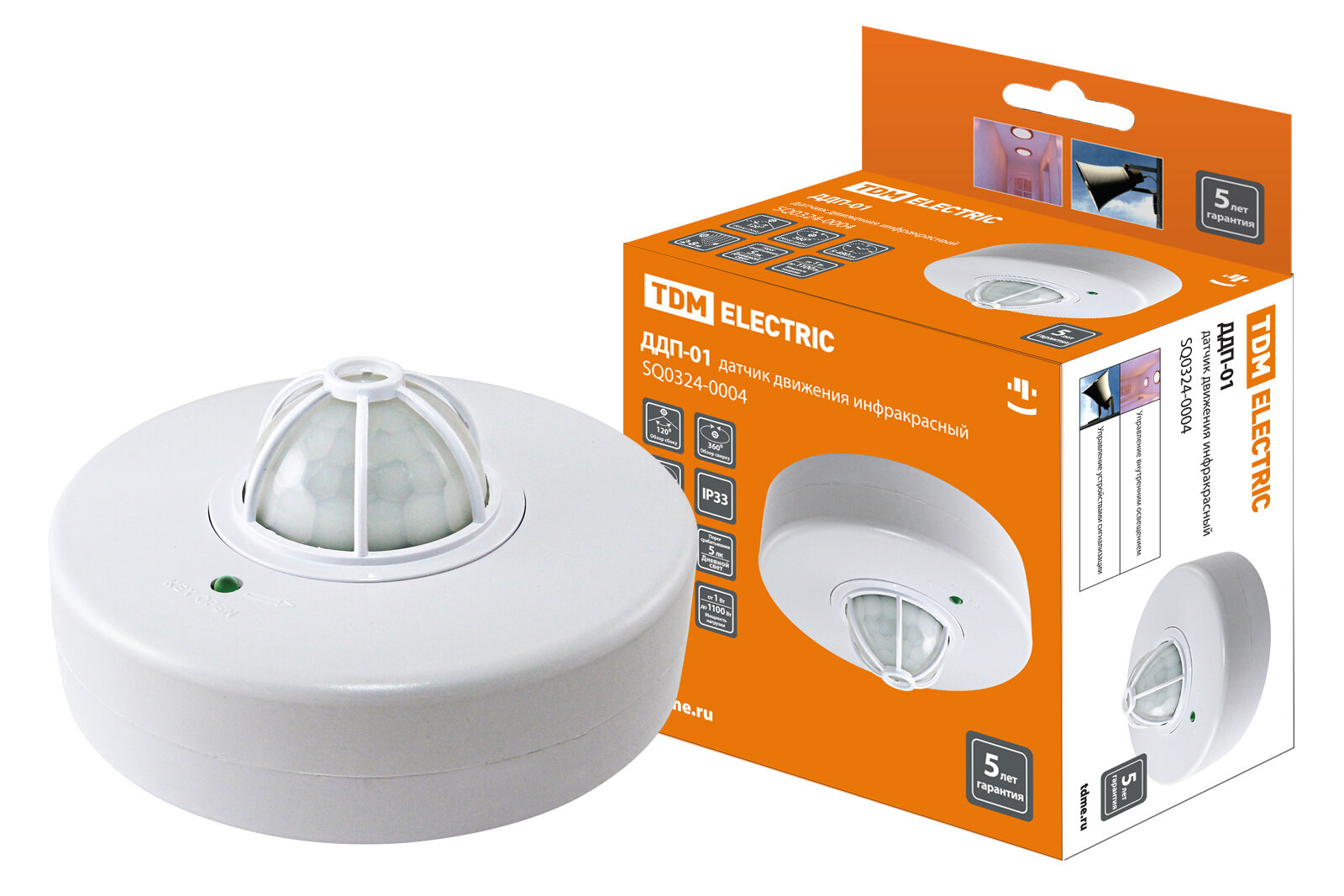 Датчик движения потолочный ДДП-01 1100ВТ 5-480С 2-8М 5+ЛК 120(сбоку)+360(сверху) ГР IP33 TDM