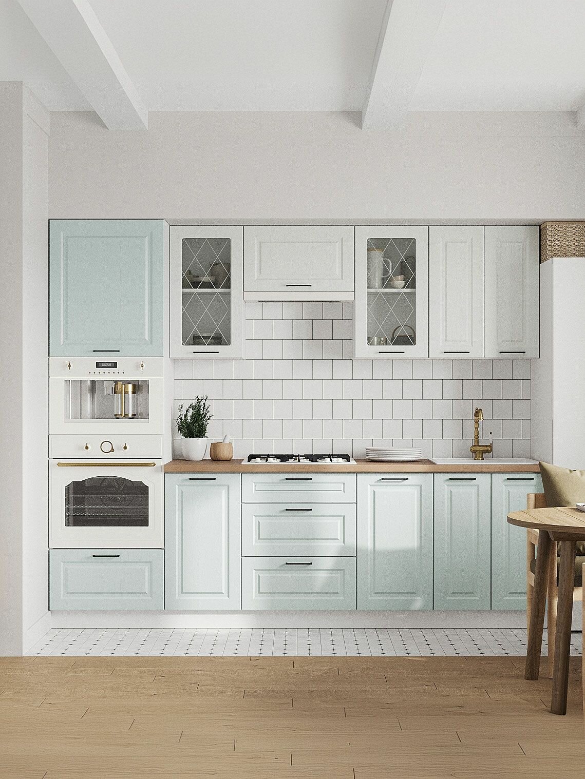 Кухонный гарнитур Шервуд 2.6 м, мебель для дома и кухни, Белый / Арктик со стеклом / Деним голубой