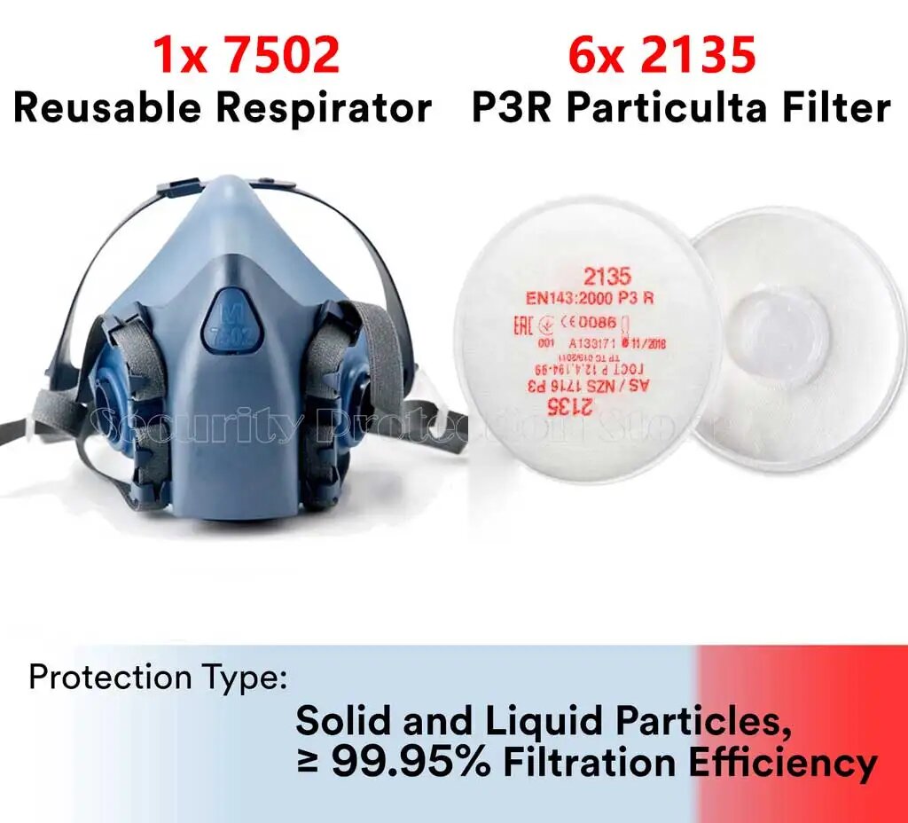Полумаска 3M 7502, фильтры 2135 P3R (6шт), синяя