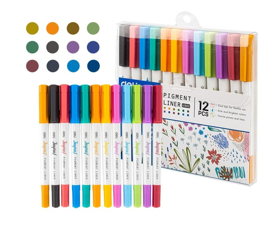 Ручка линер набор 12цв двухсторонние 0,5мм/1,0мм DELI EU302 шт