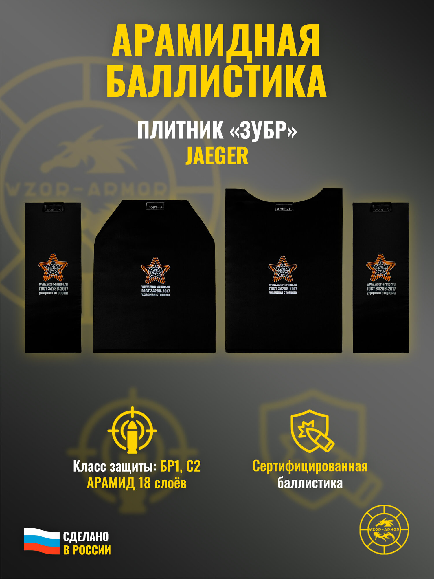 Баллистика арамид для бронежилета Зубр Jaeger Equipment (4 элемента (грудь, спина, камербанды))