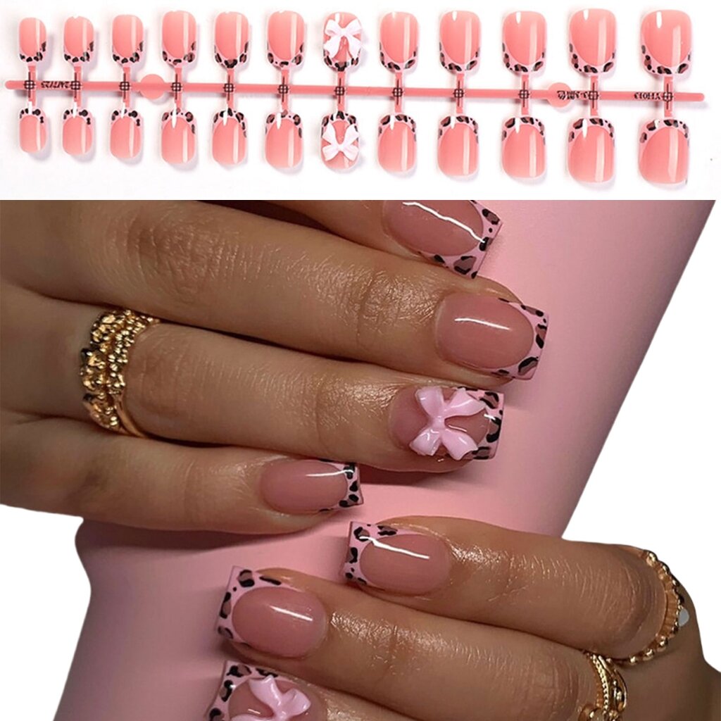 Накладной Ноготь С Полным покрытием Leopard French Tip Nail Короткий Квадратный Нажим На Ноготь