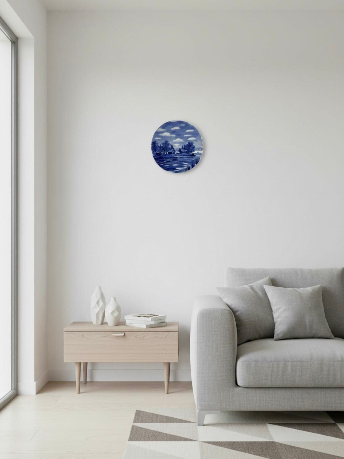 Тарелка настенная декоративная панно "Пейзаж" D 20 см гжель фарфор ручная работа