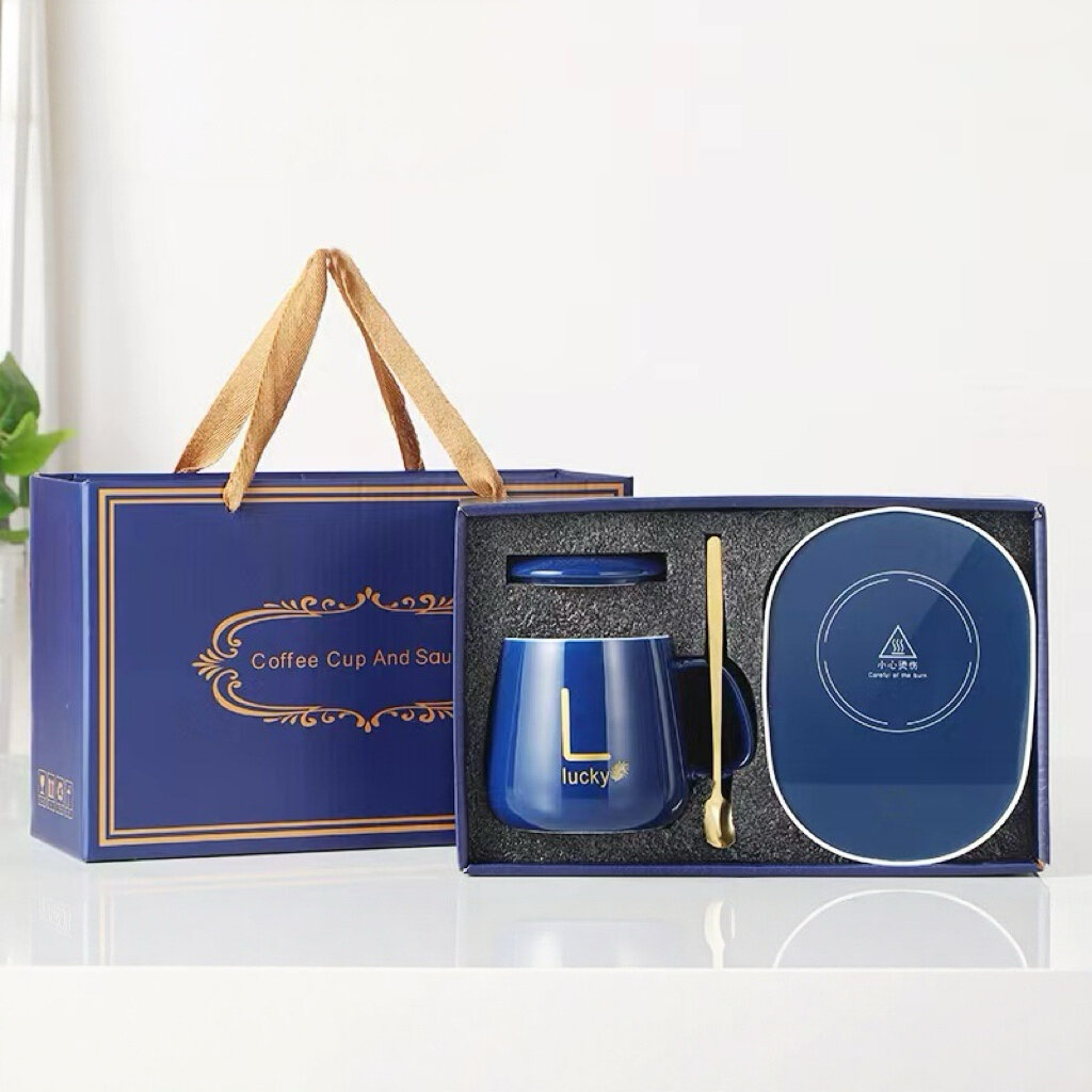 Кружка с подогревом "Подарочный набор", керамическая, синий, с крышкой, ложкой, USB-подогрев, 1 шт.