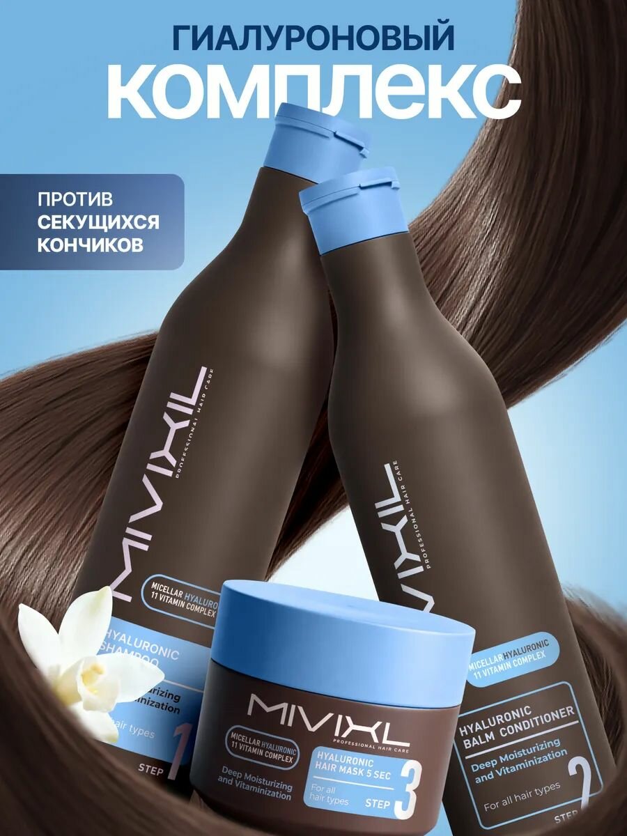 MIVIXIL Набор: Увлажняющий шампунь 500 мл. + Кондиционер для гладкости 500 мл. + Гиалуроновая маска 5 секунд 300 мл.
