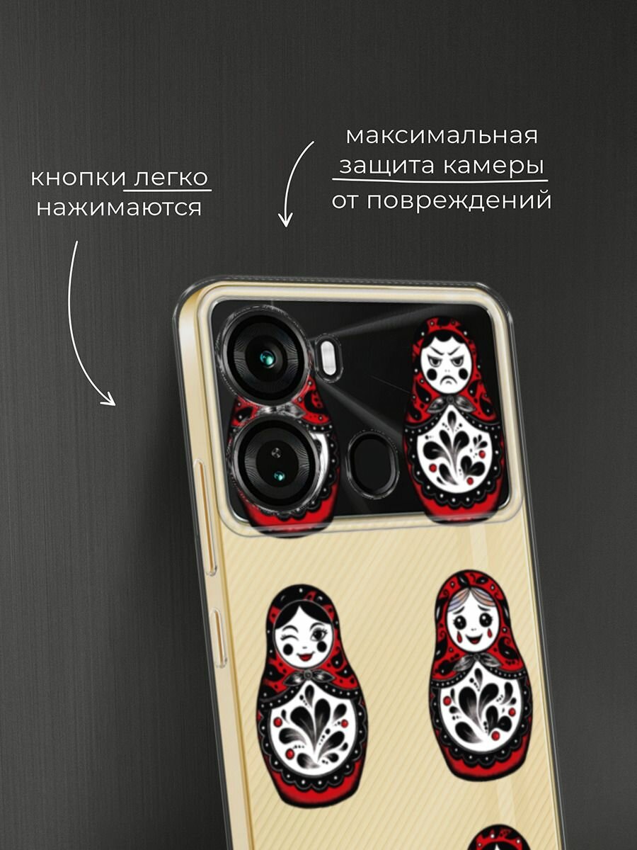 Чехол на Itel P40 / Ител P40 с принтом Разные матрешки, прозрачный — фото 1