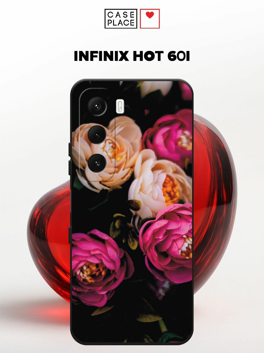 Черный матовый чехол на Infinix Hot 60i / Инфиникс Хот 60i с принтом Бордовые пионы