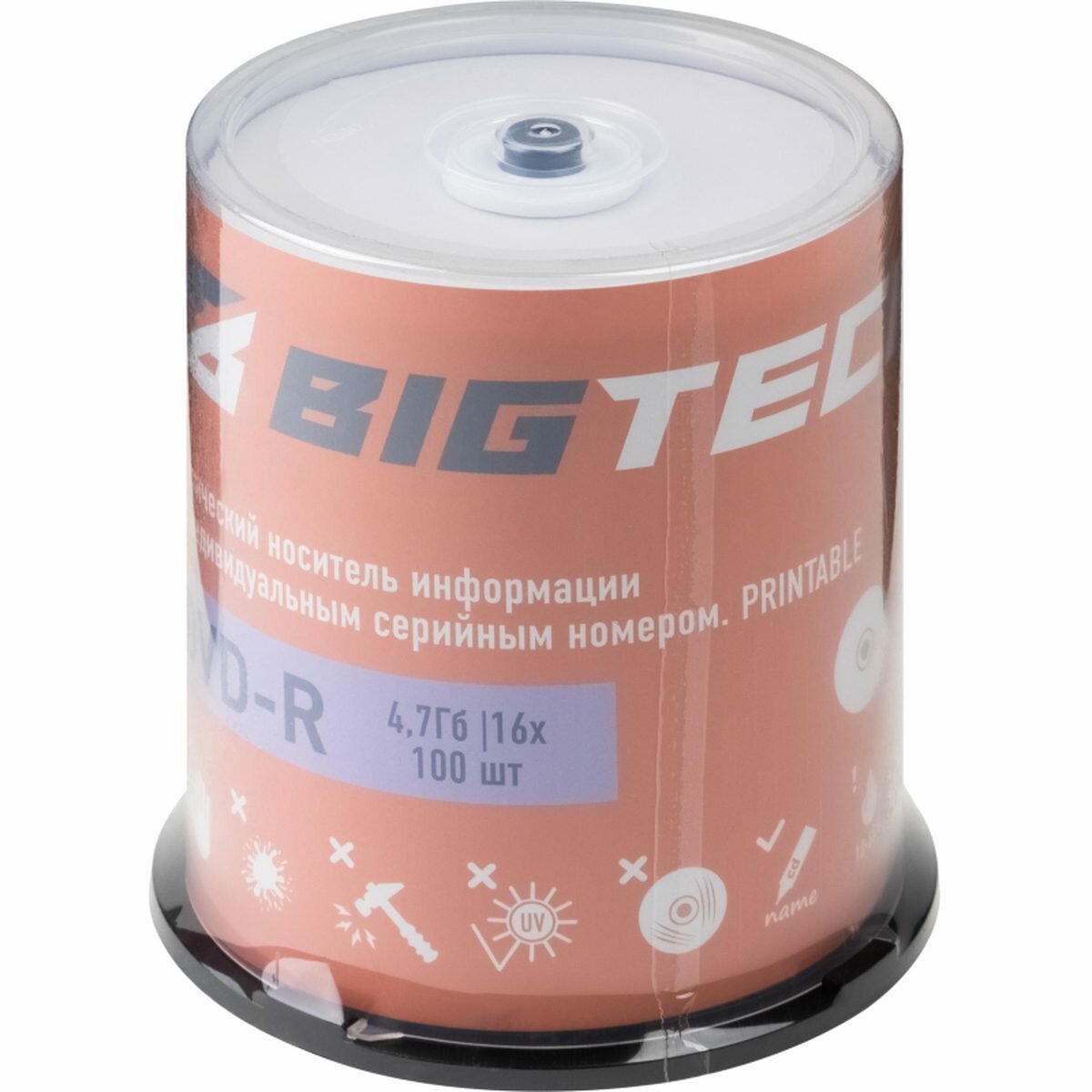Оптический диск DVD-R Bigtech YDVDRP001 4.7Gb Printable 16x 100шт. cake box (1953104)