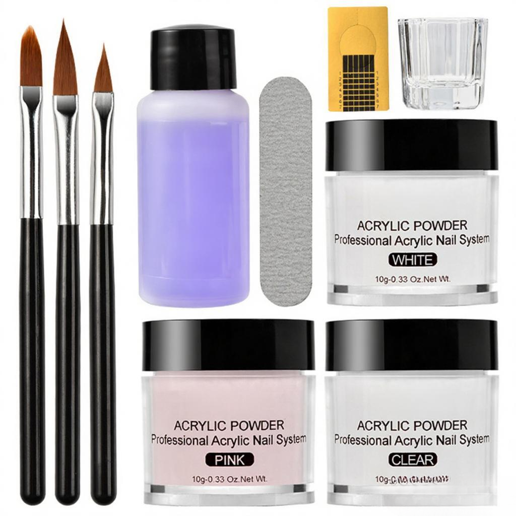 Набор для акриловых ногтей с порошком 3 цветов (прозрачный, белый, розовый) 10г/0.33oz, жидкостью мономером 40мл/1.3fl. oz, 3 ручками для ногтей, 100 форм для ногтей, пилкой для ногтей и стаканом для кристаллов