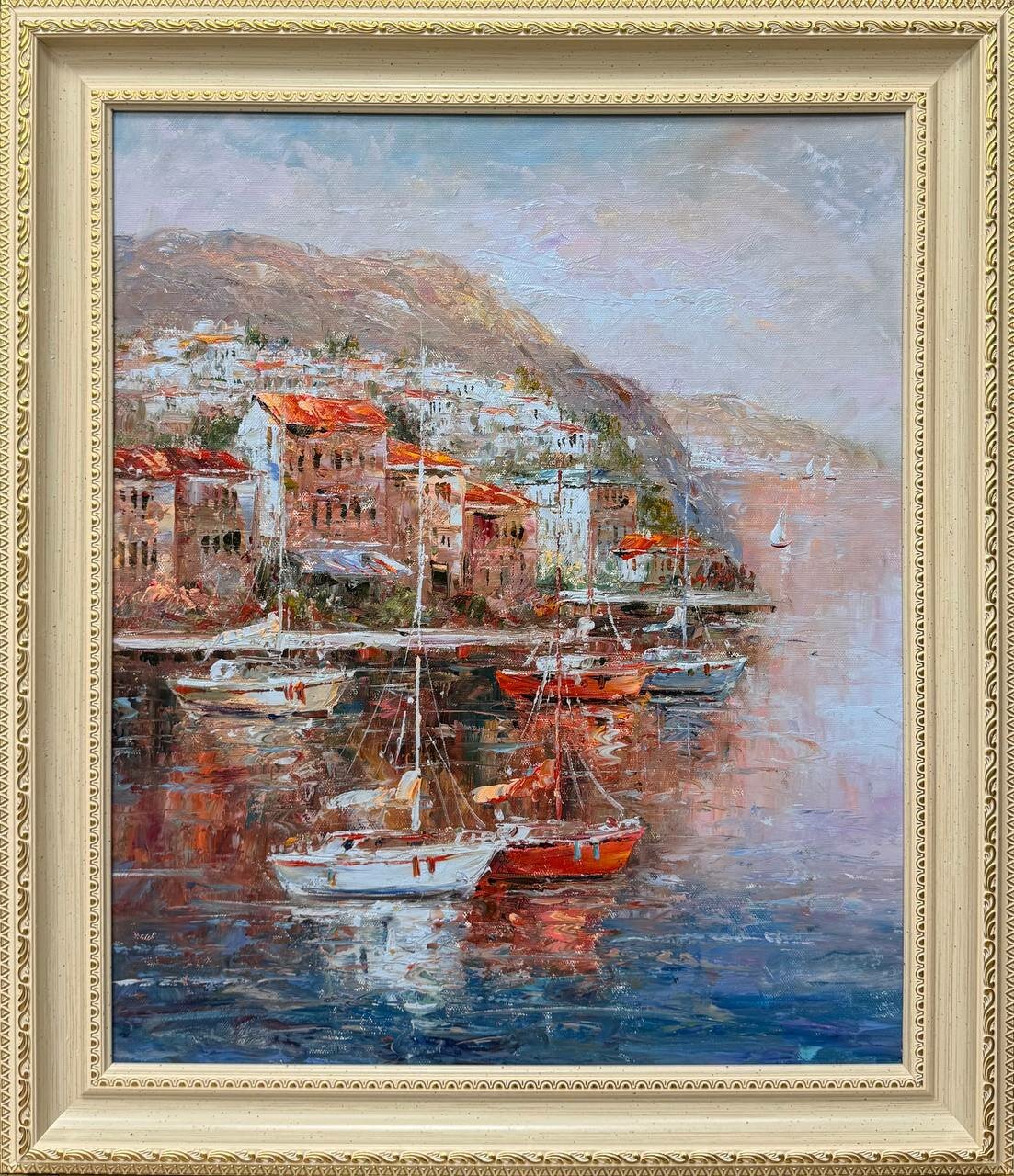 Картина маслом на холсте, морской пейзаж "Яхты у берега ", 50х60 см. Автор Беляева Жанна