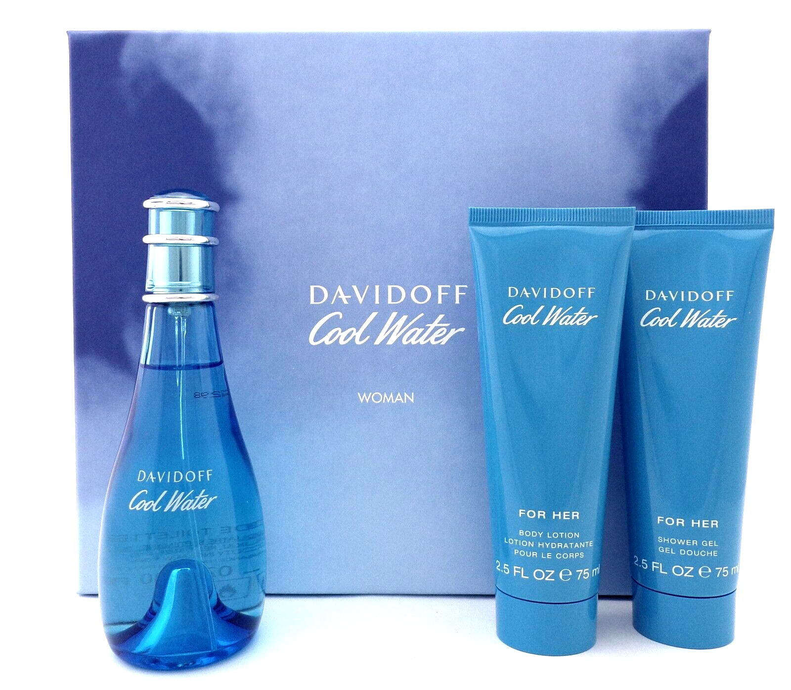 Подарочный набор Davidoff " Cool Water " — для женщин, 100 мл духи + 75 мл лосьон для тела + 75 мл гель для душа