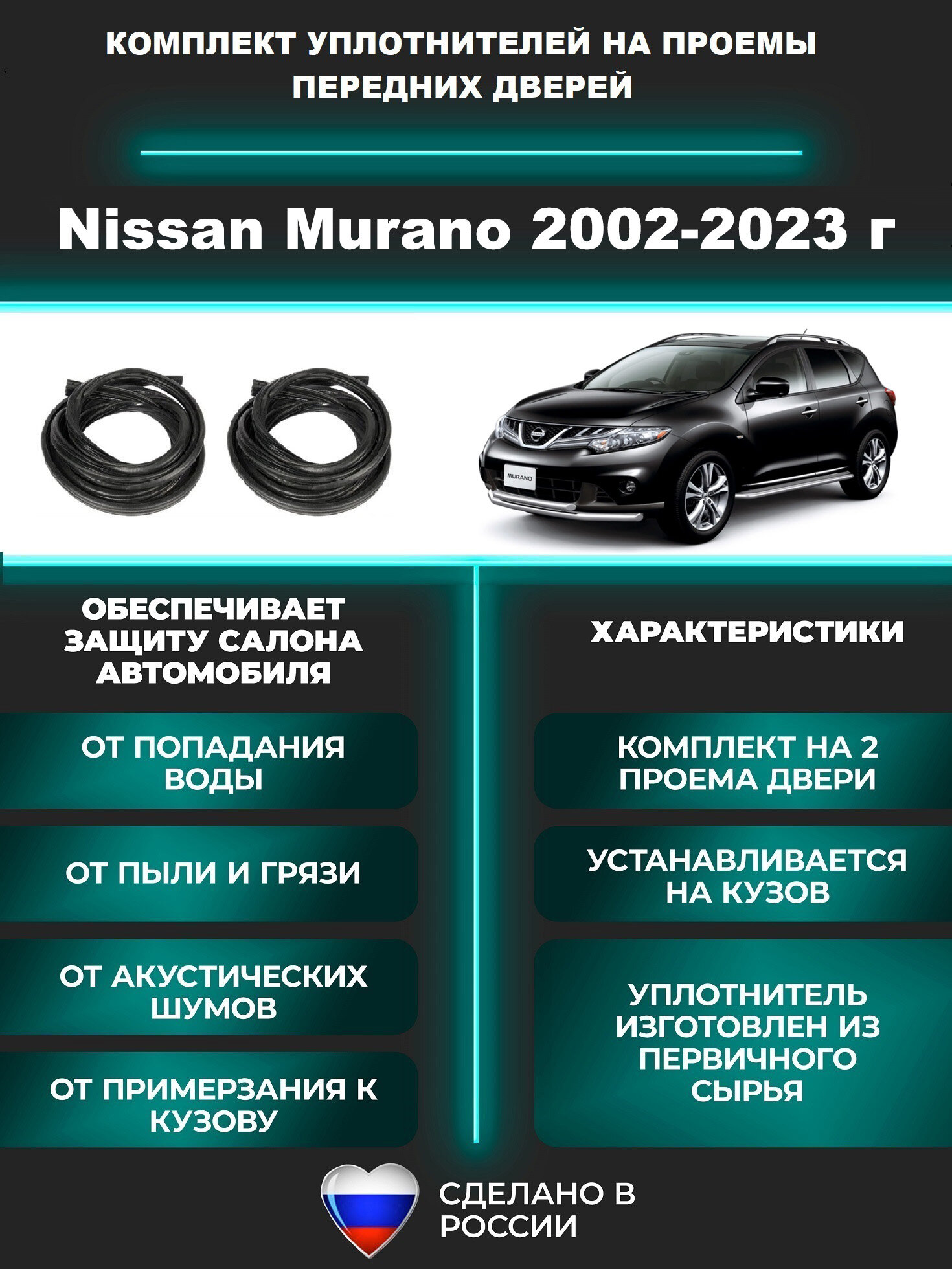 Комплект уплотнителей проема передних дверей, подходит на Nissan Murano 2002-2023 г. / Ниссан Мурано 2 шт