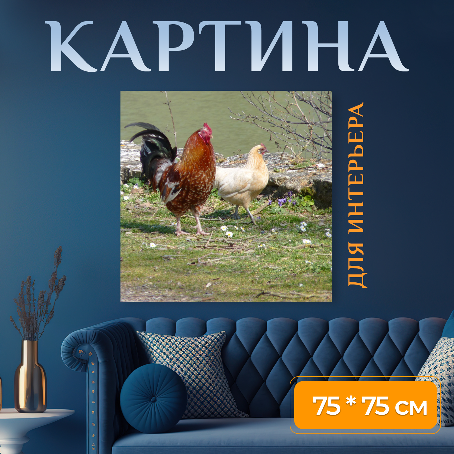 Картина на холсте "Петух, курица, птицы" на подрамнике 75х75 см. для интерьера