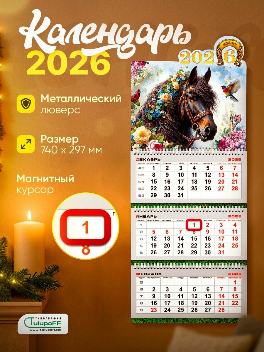 Вырубной квартальный календарь трио с Магнитным курсором Символ года 2026 г. - "Лошадь с Цветами"