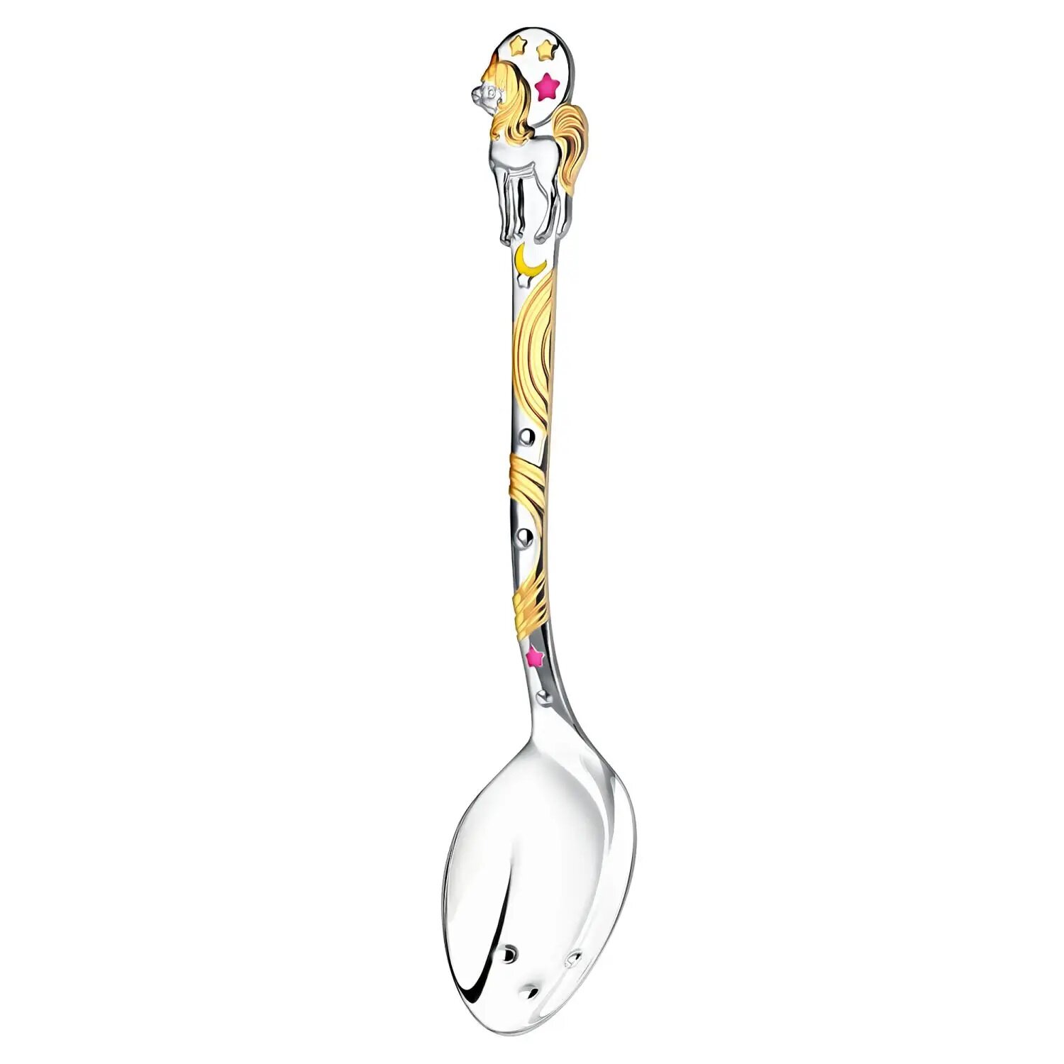 Серебряная детская ложка DoDo Единорог с позолотой и розовой с эмалью