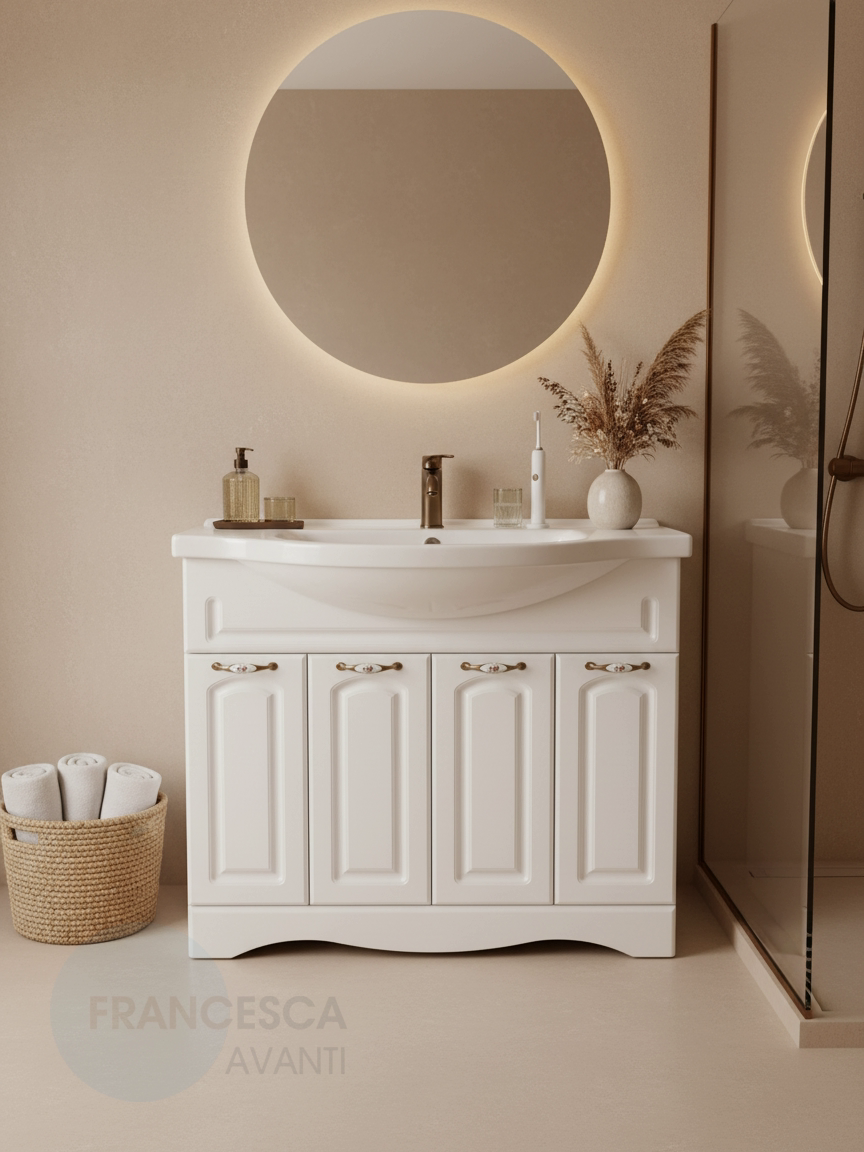 Тумба с раковиной для ванной Империя 100 белый с подсветкой (4 дв, ум. Эльбрус 100)