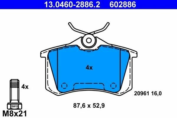 Колодки тормозные ATE 13-0460-2886-2, задние, Audi A3, A4 10, 96- Volkswagen Golf 3 GTi, 2.8 VR6 92- Golf 4 99- Passat 5 96- Sharan 95- Skoda Octavia 99-