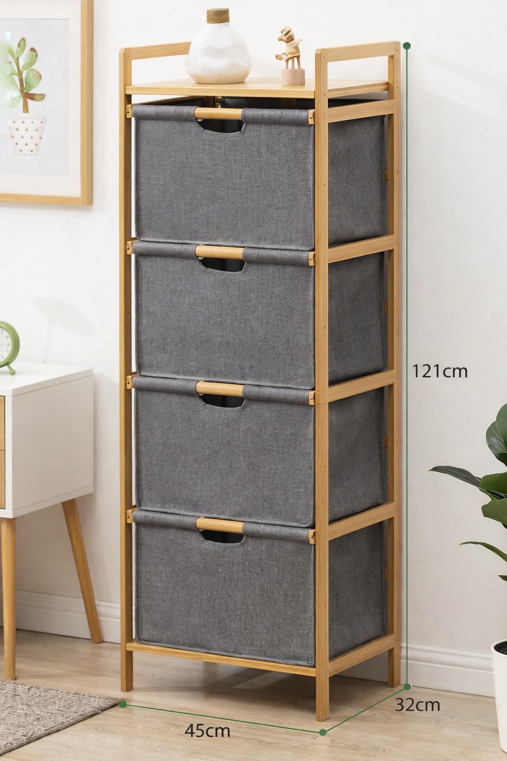 Этажерка для ванной, корзина для белья, стеллаж в ванную Bambuchka, 45х32х121 см, натуральный бамбук