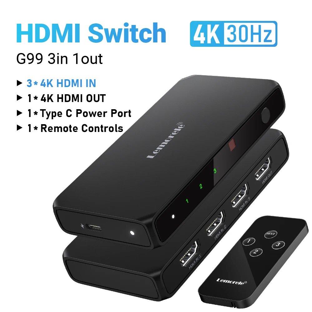 HDMI Switch Lemorele G99 3in 1out 4K 30Hz, Type-C, пульт