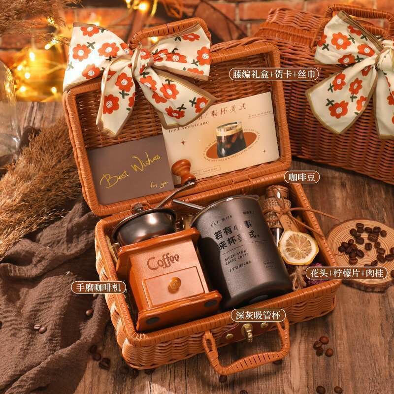 Ручная кофемолка, подарочный набор с кофейными зернами, компактная портативная мельница для домашнего использования.