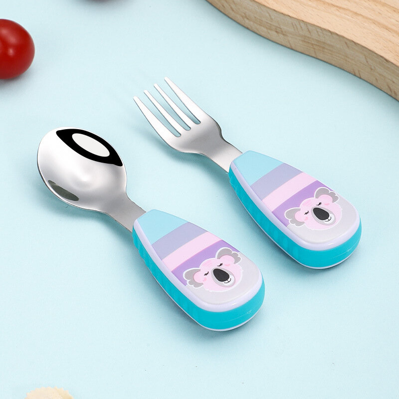 Набор детских ложек и вилок из нержавеющей стали 304 с дизайном коалы для обучения кормления, 1 комплект