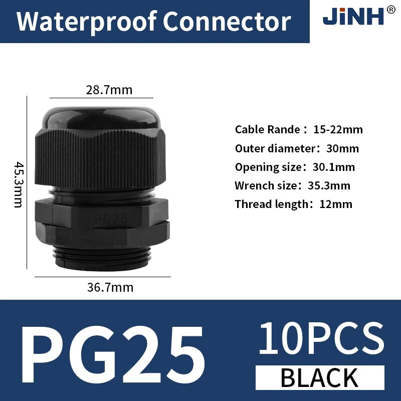 Водонепроницаемые кабельные вводы PG серії IP68, нейлон, белый, черный PG25-Black-10Pcs
