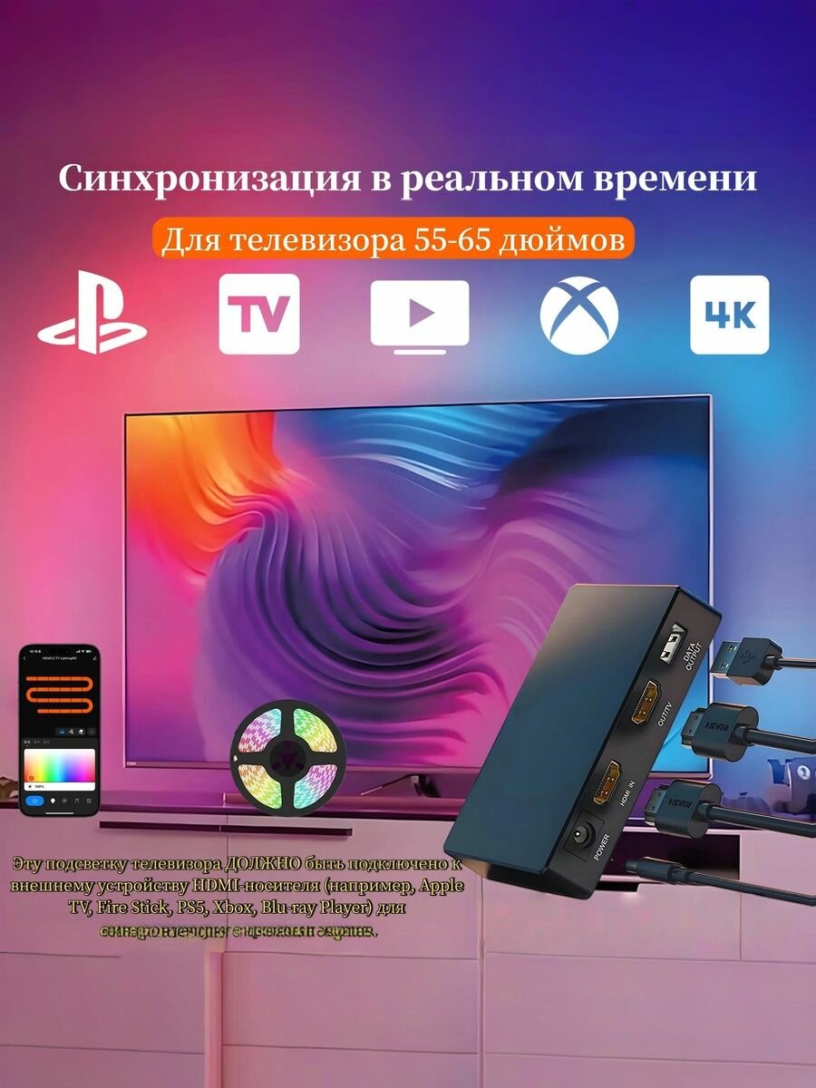 Лента светодиодной подсветки телевизора с блоком синхронизации HDMI для телевизоров с диагональю 55-70 дюймов, для игр и фильмов, для работы с ТВ-приставкой, Xbox, Playstation, Switch, Chromecast