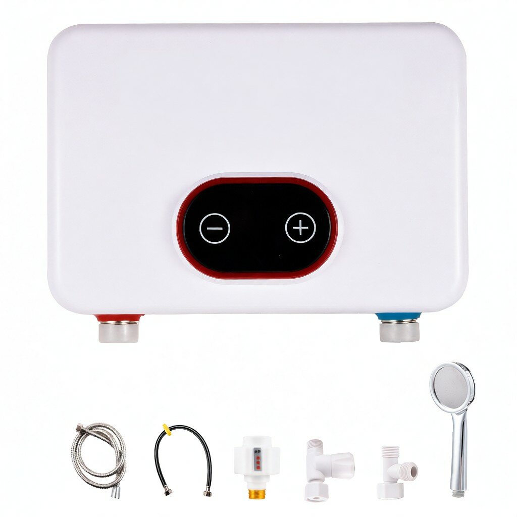 Электрический бесконтактный водонагреватель 5.5KW 220V с цифровым дисплеем LED, защита от перегрева, температура 30-55 градусов Цельсия, для кухни, ванной, душа, комплект с защитным выключателем, регулирующим клапаном, антиэлектрической стеной, насадкой
