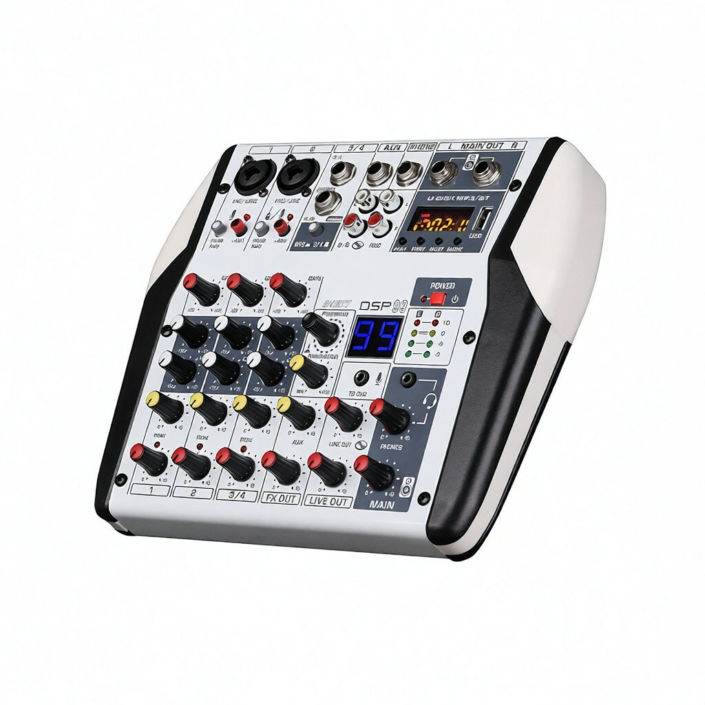 BOMGE 6 Channel DJ Audio Sound Mixer Soundboard Stereo Recording MP3 USB BT Input 48V Phantom Power 99 DSP Processor Large Screen Switch Indication DJ Mixer Board Desktop Karaoke