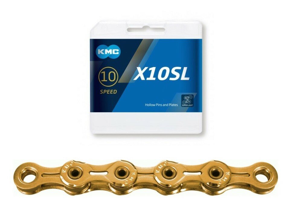Цепь KMC X10SL GOLD золотистая 10 скоростей облегченная, полые пины Тайвань