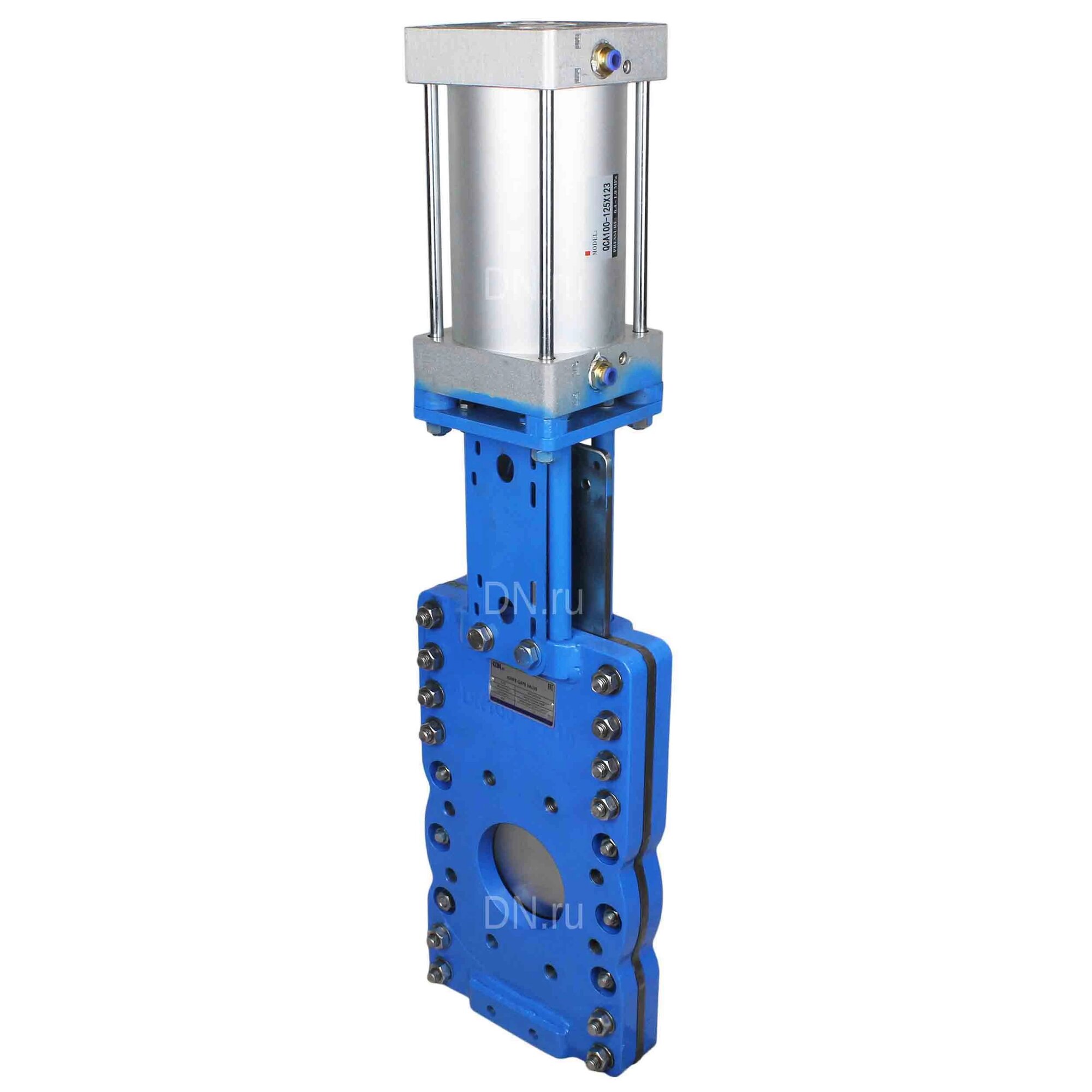 Задвижка шиберная со сквозным ножом DN.ru SN-WCB-304-NBR-2W-Fb-2P Ду200 Ру10, корпус - углеродистая сталь WCB, шибер - нержавеющая сталь 304, уплотнение - NBR, межфланцевая с пневмоприводом