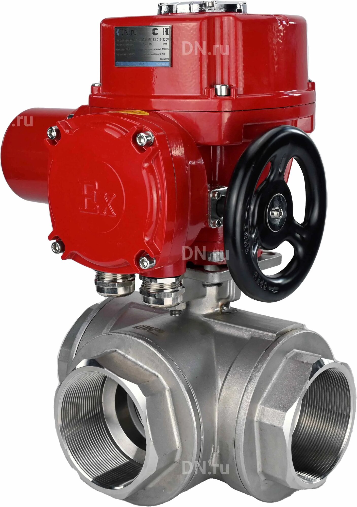 Кран шаровой DN.ru RP. SS316.200. MM.040-ISO Ду40 Ру63 стандартнопроходной трехходовой L-тип, нержавеющая сталь SS316, внутренняя резьба, уплотнение - PTFE, с 1/4-оборотным электроприводом DN. ru QT-W (M) EX-005 380В
