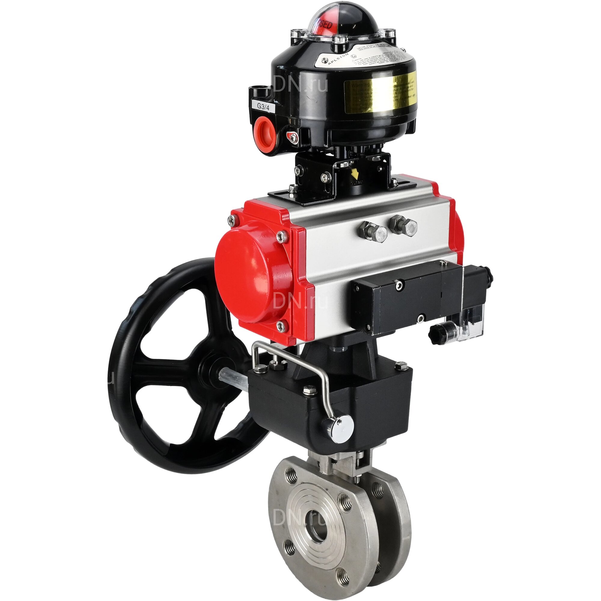 Кран шаровой DN.ru КШмФП.316.200 Ду15 Ру16 межфланцевый, полнопроходной, нержавеющая сталь SS316, уплотнение PTFE, с пневмоприводом DA-052 пневмораспределителем PND2-S1EM-52-1NC-J08-24VDC редуктором HDM-1 БКВ LSB-510-02ExM12-250