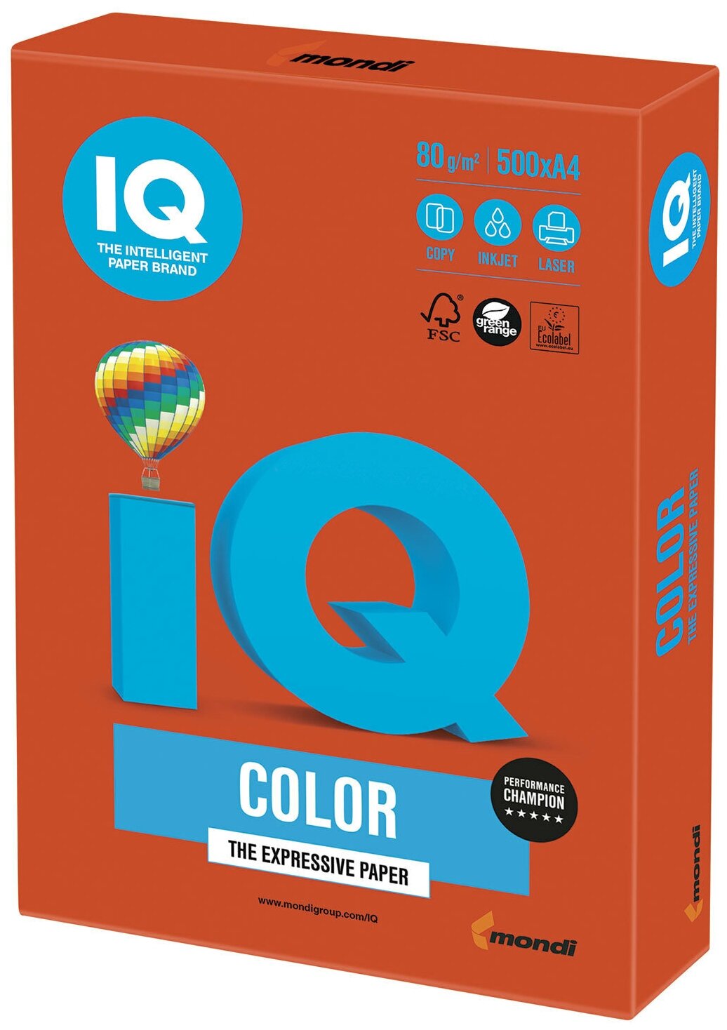 Бумага цветная IQ color, А4, 80 г/м2, 500 л, интенсив, красный кирпич, ZR09 1 шт.