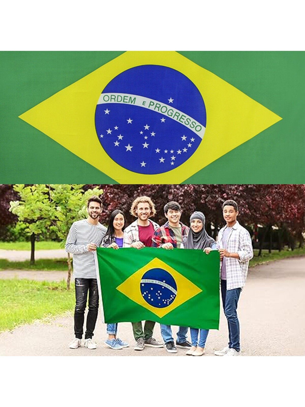 Бразильский флаг, украшенный ритмами самбы, идеально подходит для спортивных мероприятий.