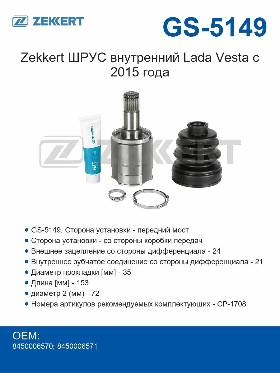 Zekkert ШРУС внутренний Lada Vesta с 2015 года