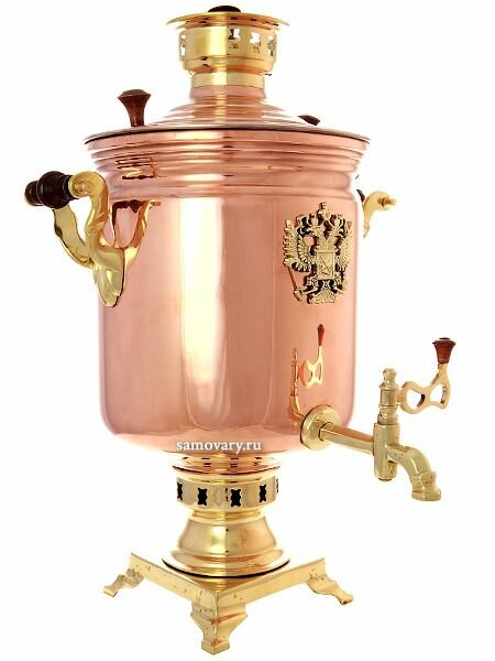 Комбинированный самовар 5 литров латунь-медь "цилиндр" с накладным Гербом РФ,