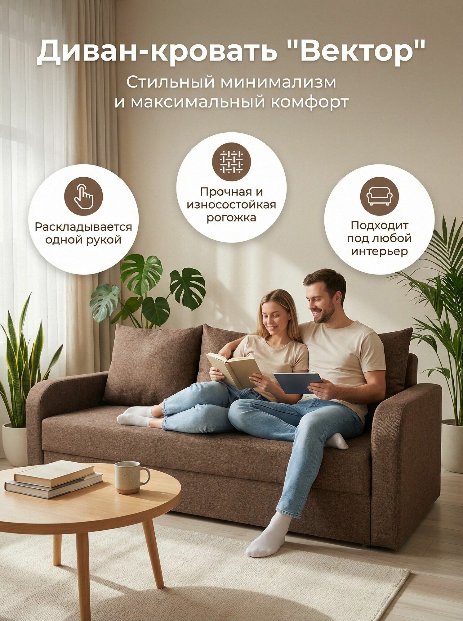 Диван-кровать Вектор еврокнижка, коричневая рогожка однотонная